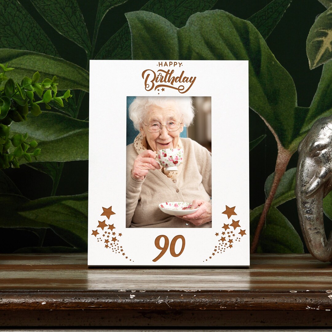 Happy 90th Birthday White Wooden Portrait Photo Frame Star Design Gift ...