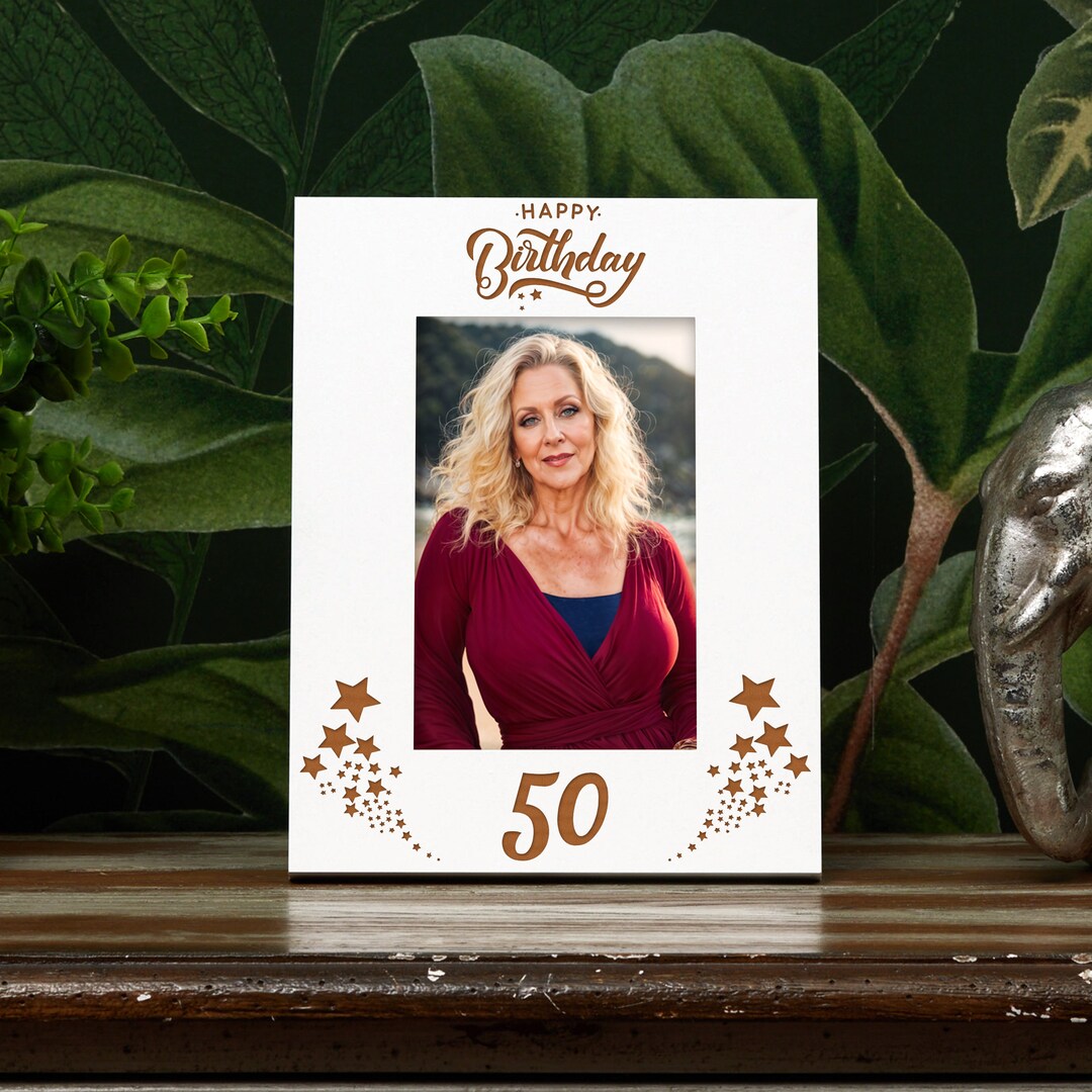 Happy 50th Birthday White Wooden Portrait Photo Frame Star Design Gift ...