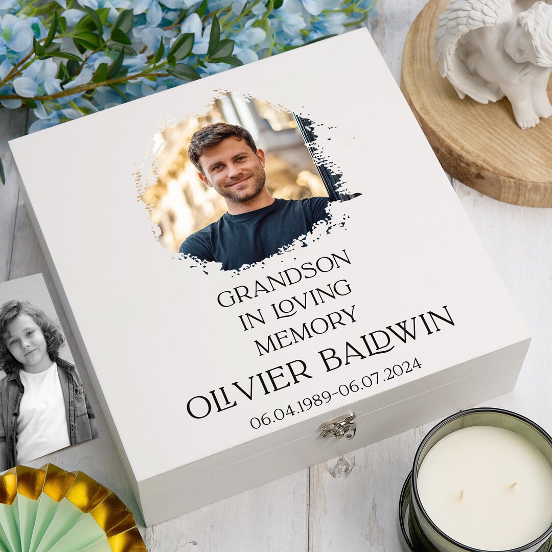 Personalised Grandson in Loving Memory White Keepsake Box With Photo ...