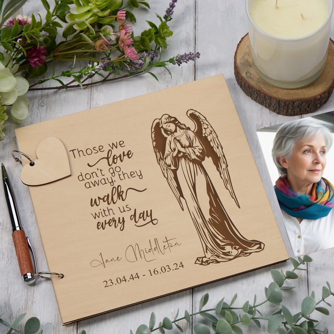 Personalised Wooden Engraved Memorial Funeral Remembrance Guest Book ...
