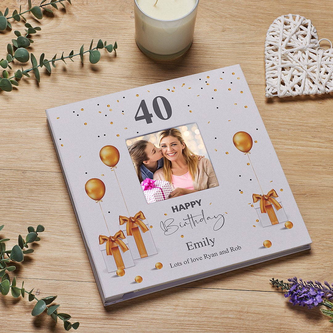 Personalised 40th Birthday Photo Album Linen Cover With Gold Balloons ...