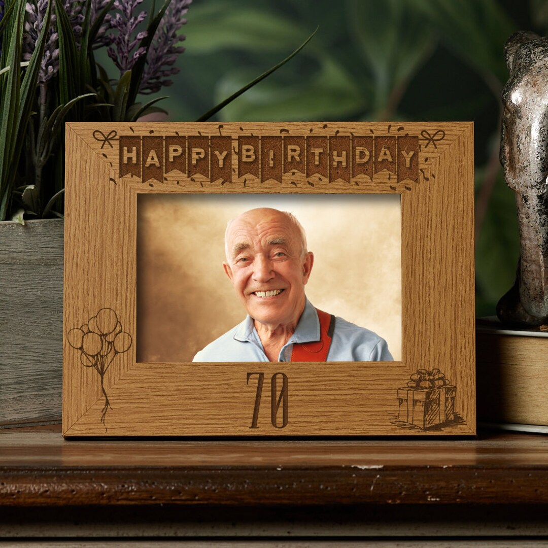 Happy 70th Birthday Engraved Photo Frame Gift Stars and Balloons ...