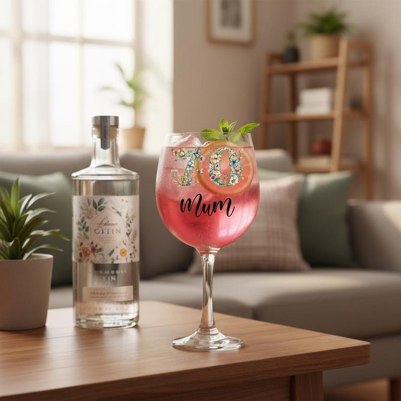 Personalised 70th Birthday Cocktail Gin Glass Gift for Her With Flowers ...