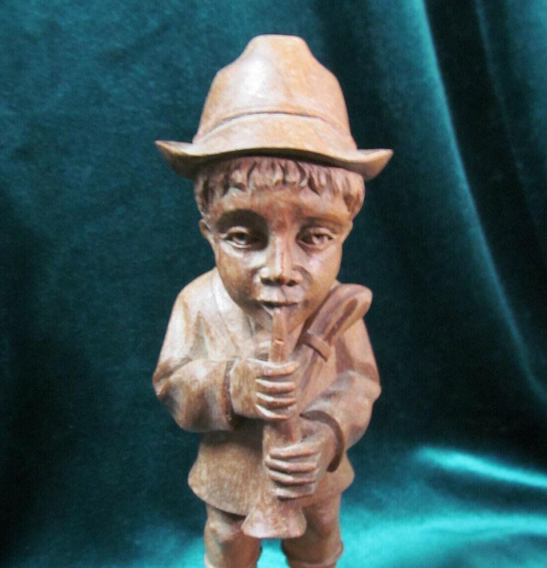 Figurine Vintage Carved Wood Boy Playing Horn 8" Tall X 3" Wide ...
