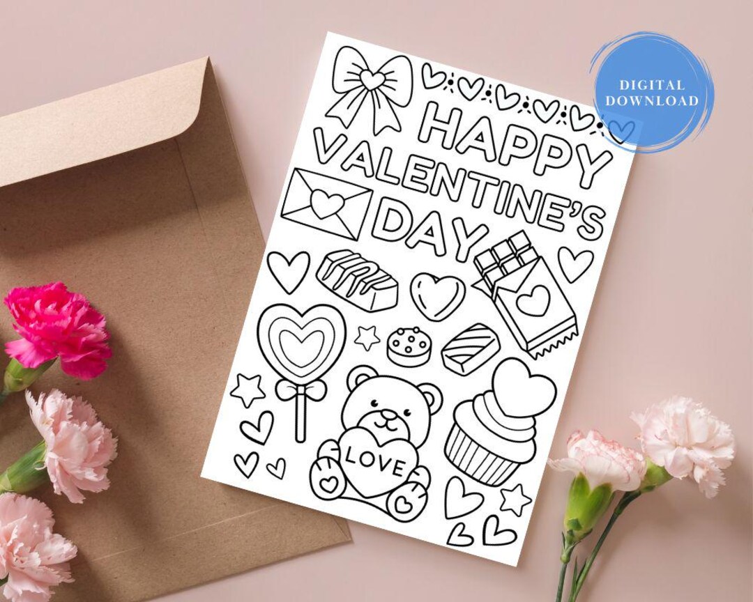 Kids Valentines Day Card to Color, PRINTABLE Happy Valentines Day Card ...