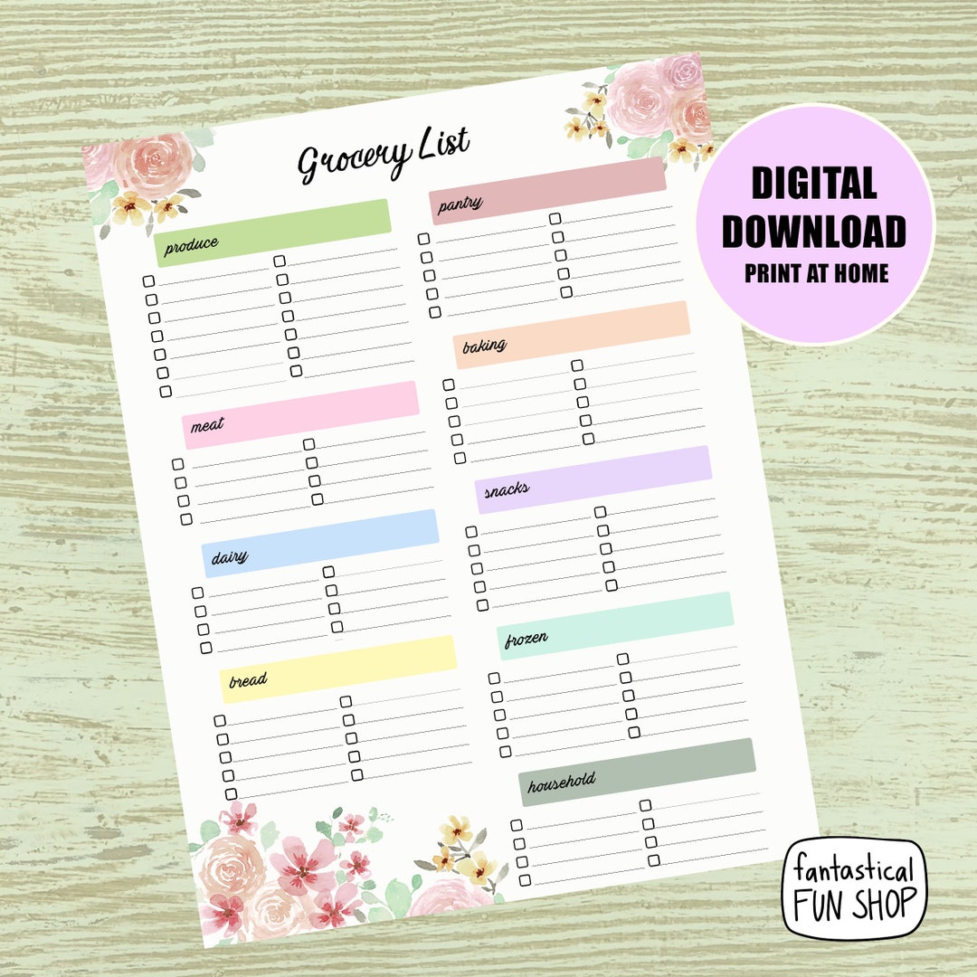 Printable Grocery List, Instant Download, Watercolor Floral Grocery ...