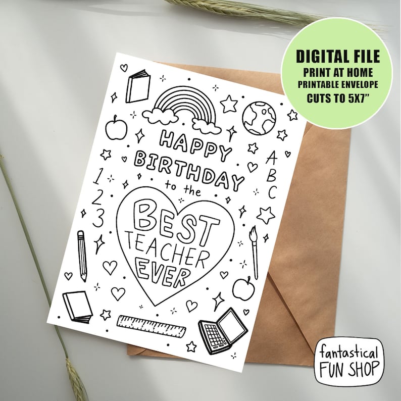 Happy Birthday Teacher Card Colorable Birthday Card for - Etsy