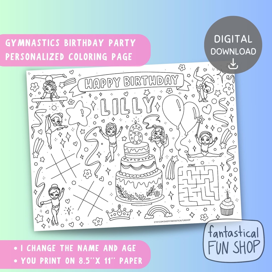 Gymnastics Birthday Party Coloring Page With Personalization, PRINTABLE ...