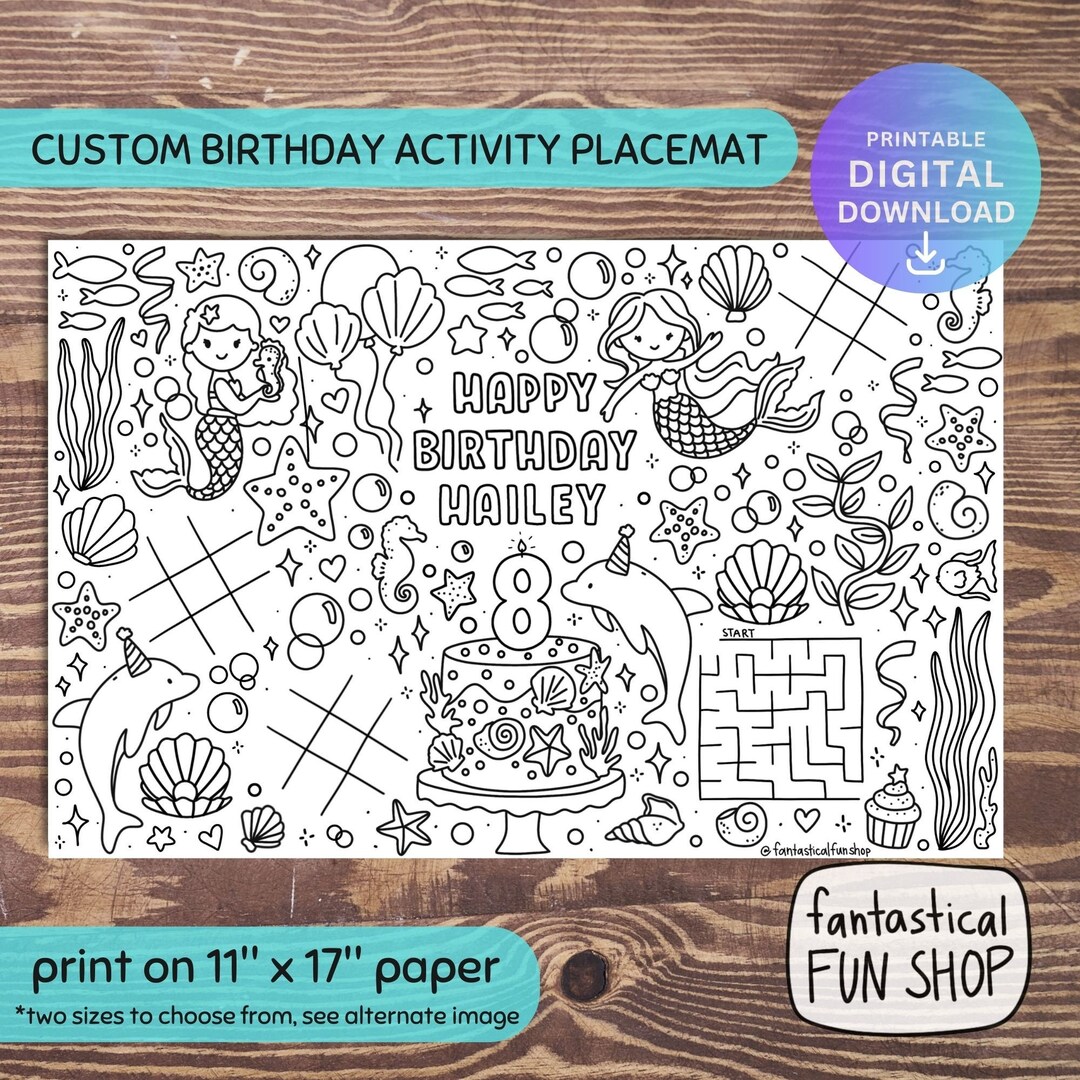 Mermaid Birthday Coloring Placemat: Custom Party Activity (digital ...