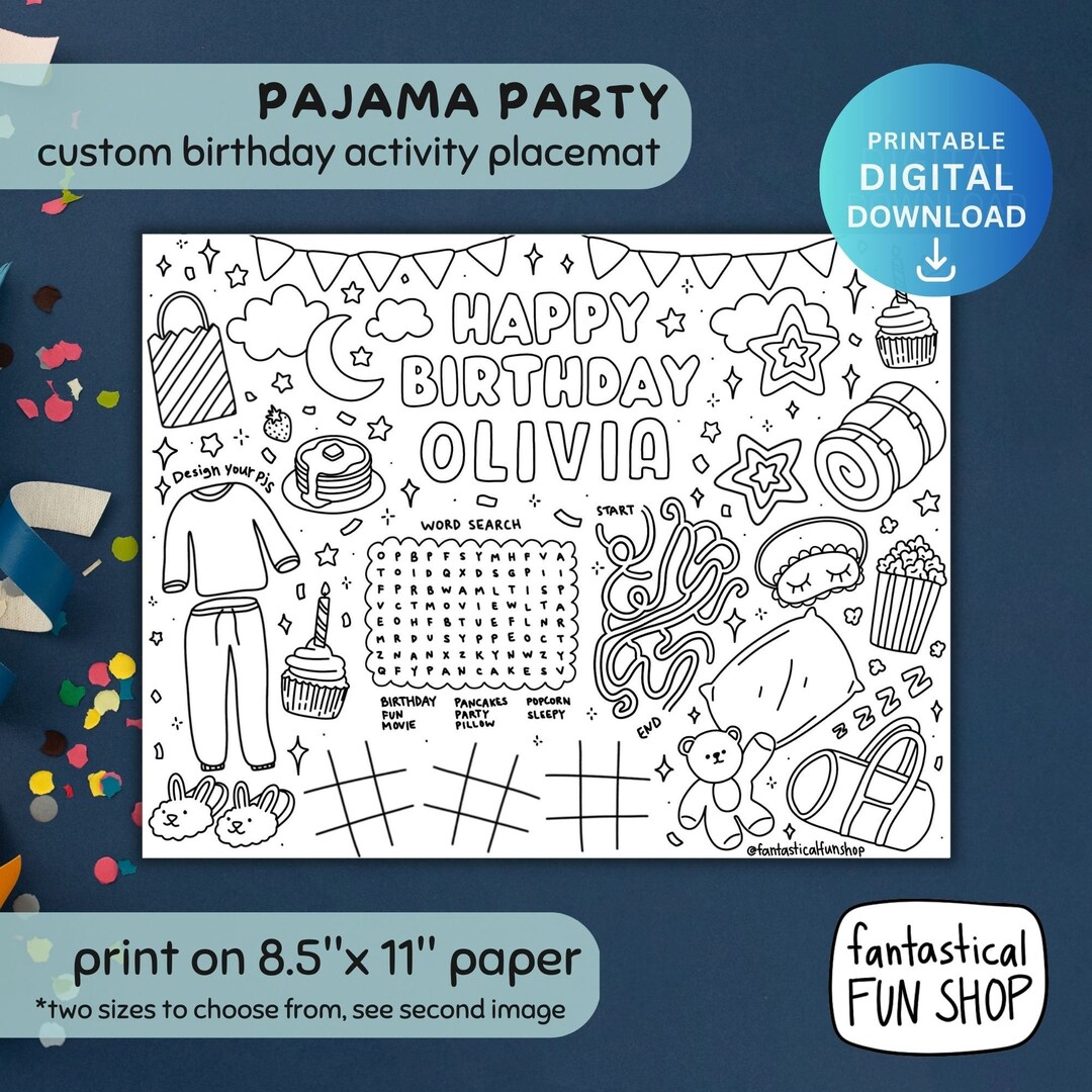 Personalized Pajama Party Coloring Page: Printable Birthday Activity ...