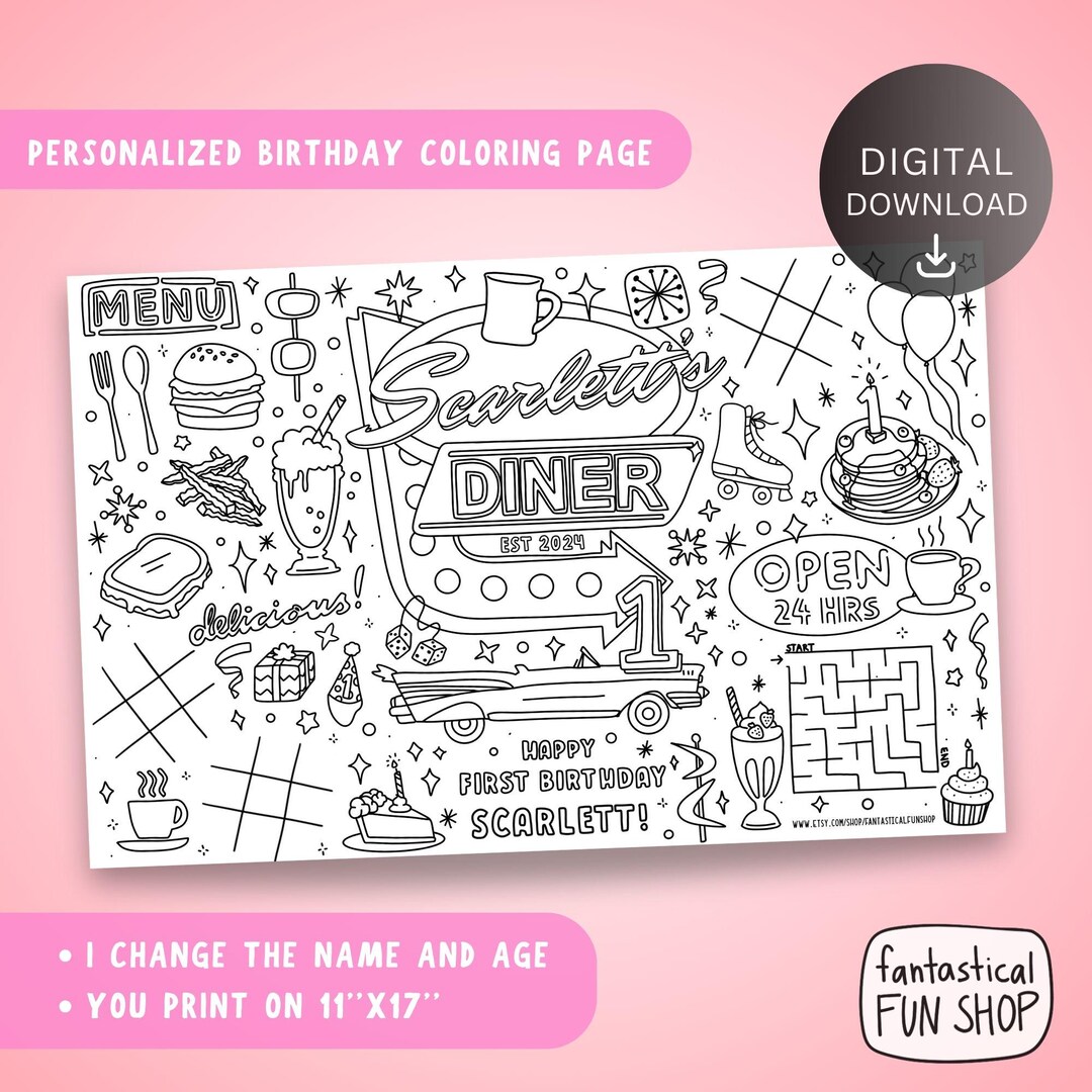Diner Theme Birthday Coloring Placemat With Personalization, PRINTABLE ...