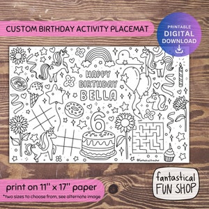 Birthday Coloring Page Placemat, PRINTABLE Custom Personalized Activity ...