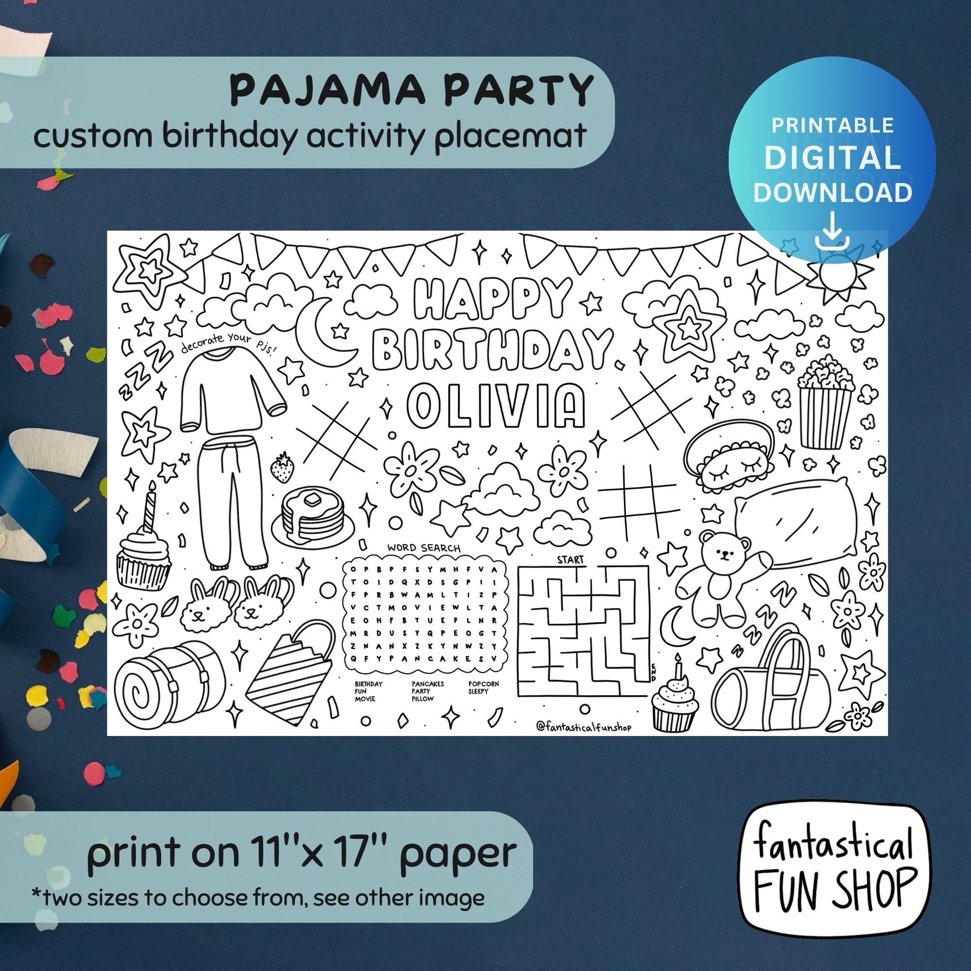 Personalized Pajama Party Coloring Page: Printable Birthday Activity ...