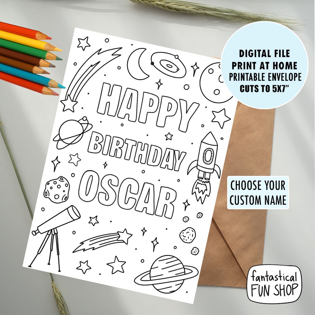 COLORABLE Custom Birthday Card From Child, Outer Space Birthday Card ...