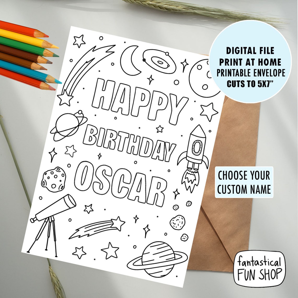 COLORABLE Custom Birthday Card From Child, Outer Space Birthday Card ...