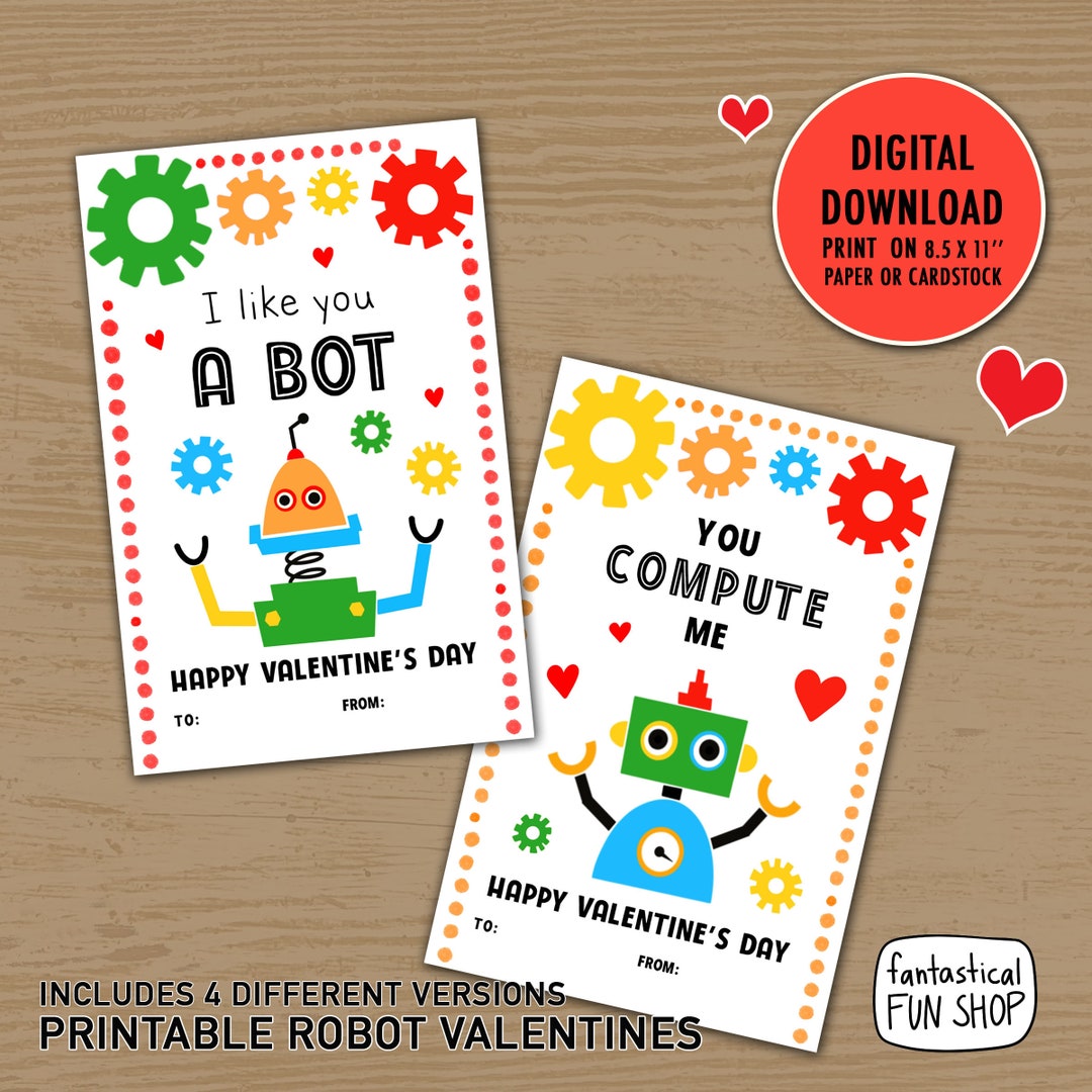 PRINTABLE Robot Valentines for Class, Valentine's Day Cards for Kids ...