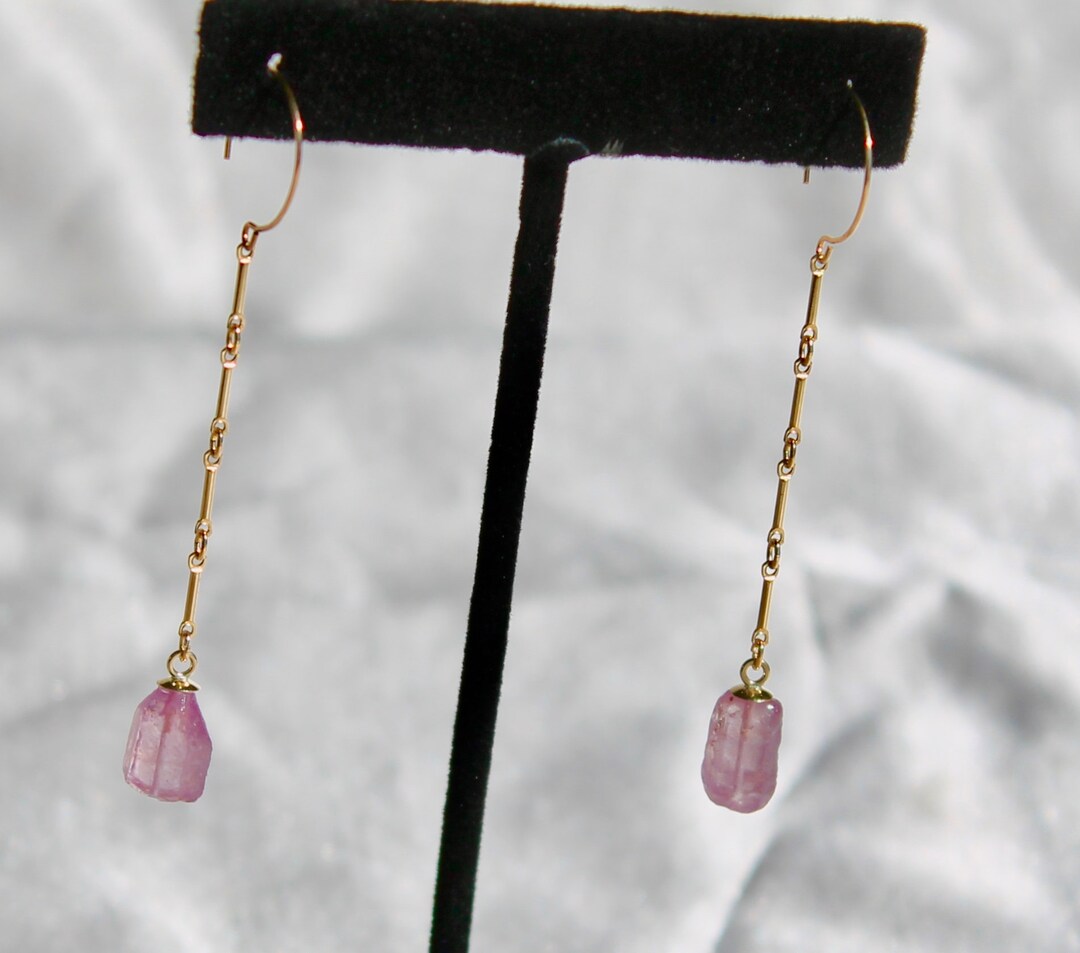 14k Gold Art Deco Pink Ruby Earrings: Vintage Chain Dangle - Etsy