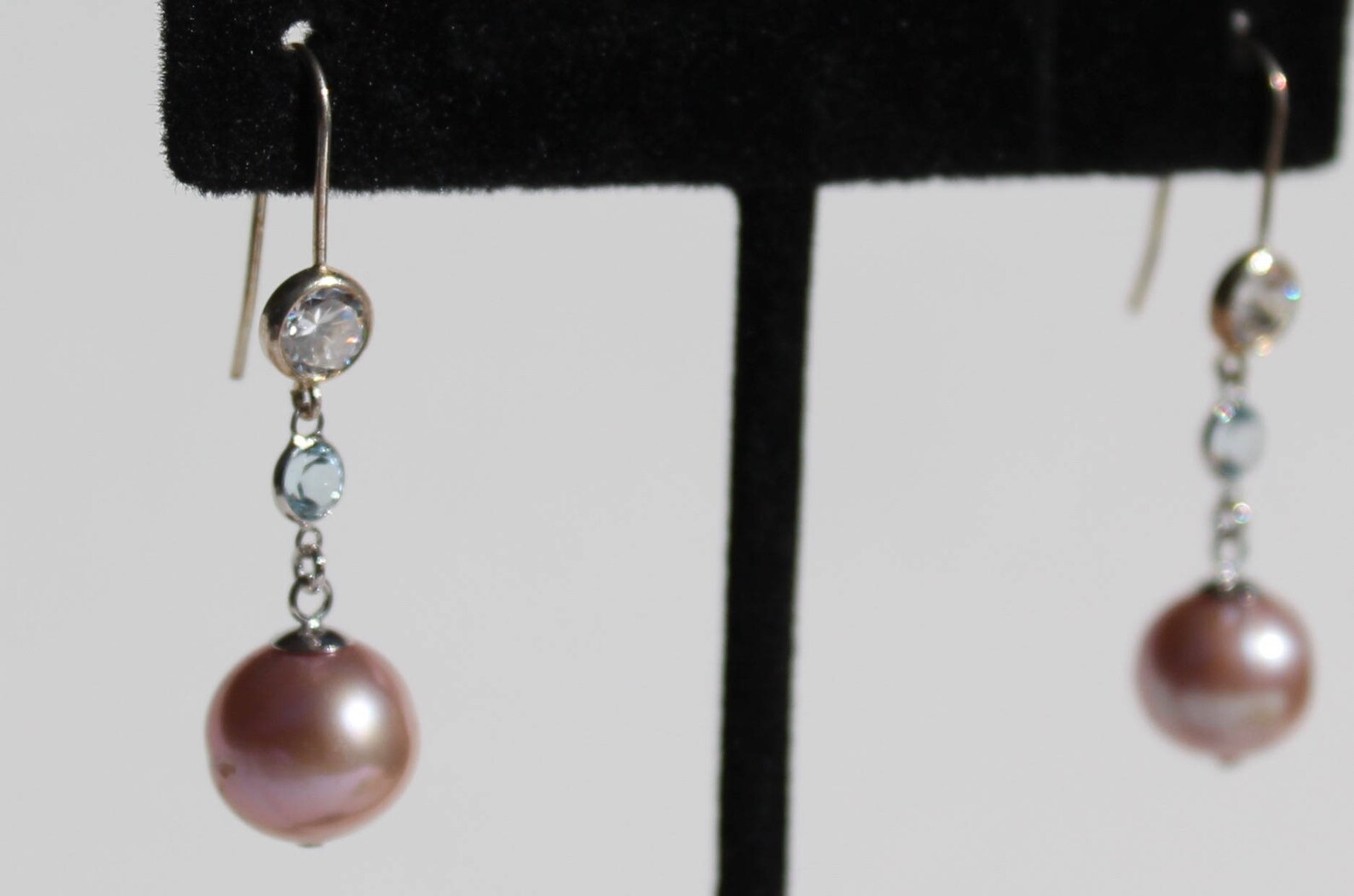 Pink Round Pearl Earrings With Blue Topaz Set in 14K White | Etsy