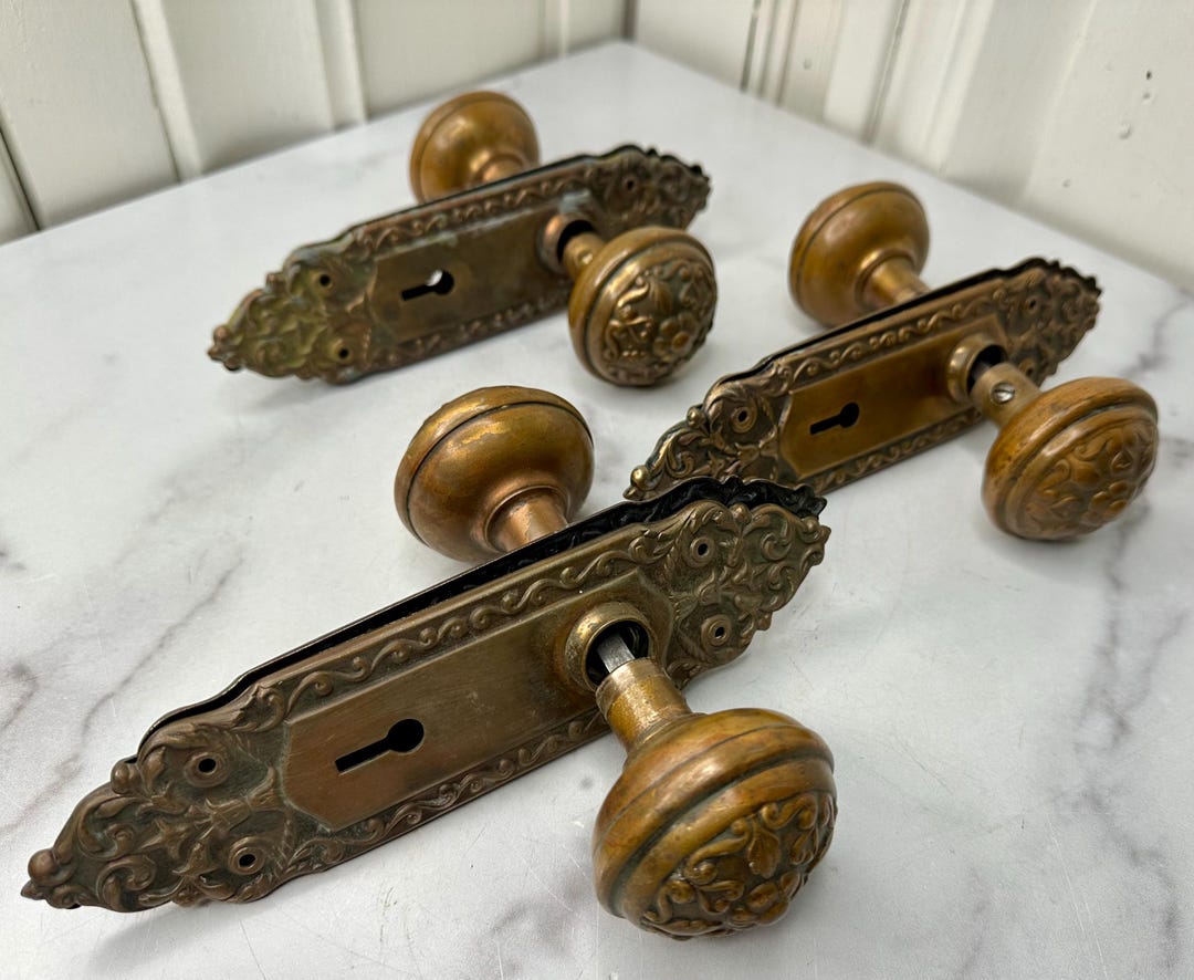 Antique French Renaissance Brass Door Knob Set With 2 Door Plates ...