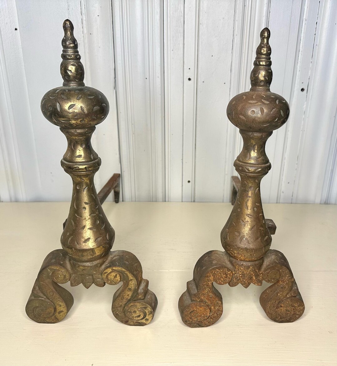 Antique Vintage Brass & Cast Iron Fancy Fireplace Andirons Set - Etsy