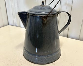 Vintage Large 1930s Enamelware Black Speckled Cowboy Kettle, Coffee Pot ...
