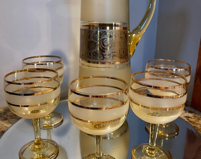 Vintage Mid-century Gold Pitcher and Glasses - Etsy