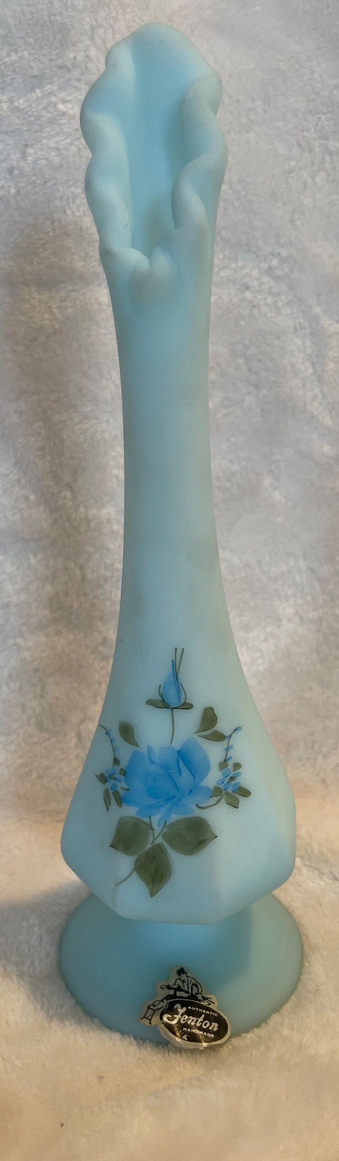 Vintage Fenton Blue Roses on Blue Satin Glass Bud Vase Signed Donna R ...