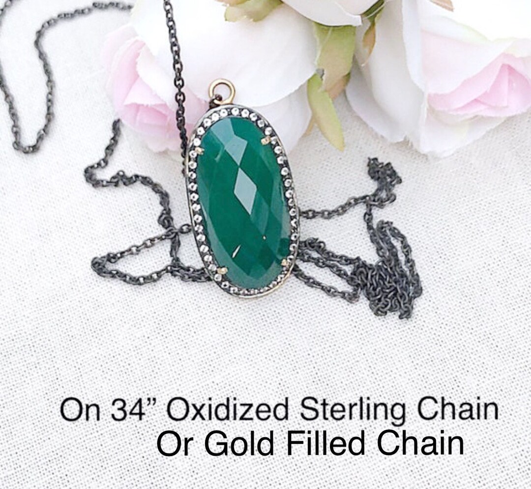Pave Green Onyx Oval Pendant Gold Filled o Sterling Oxided - Etsy España