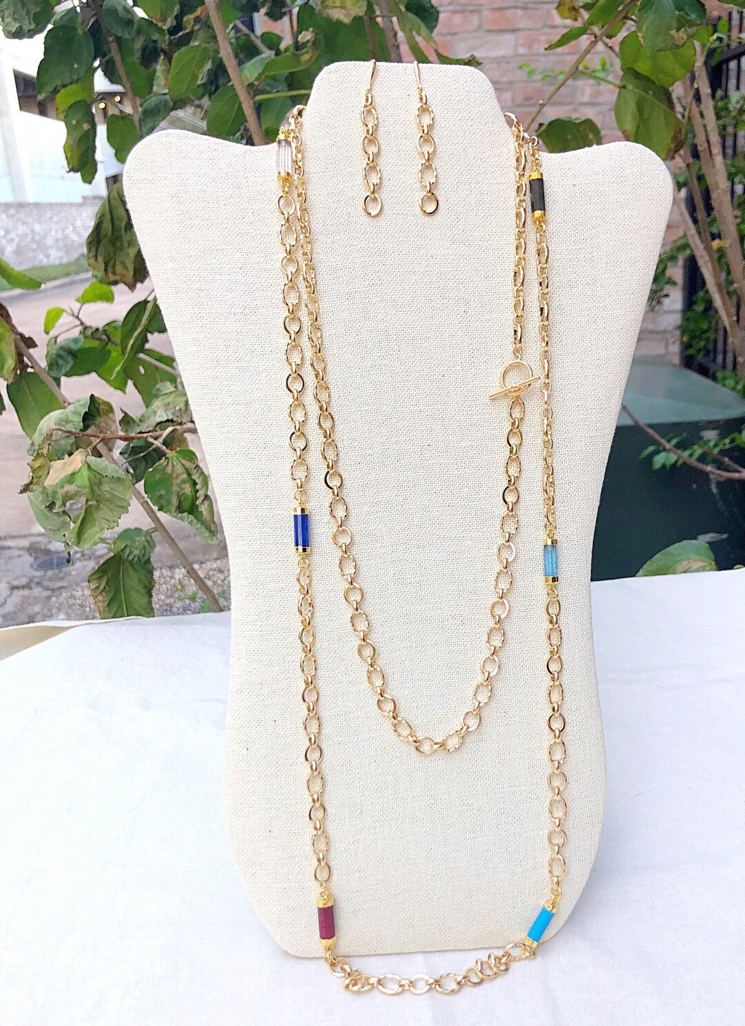 Set of Gold Layering Chains and Chain Earring, Gold Gem Station Chain ...