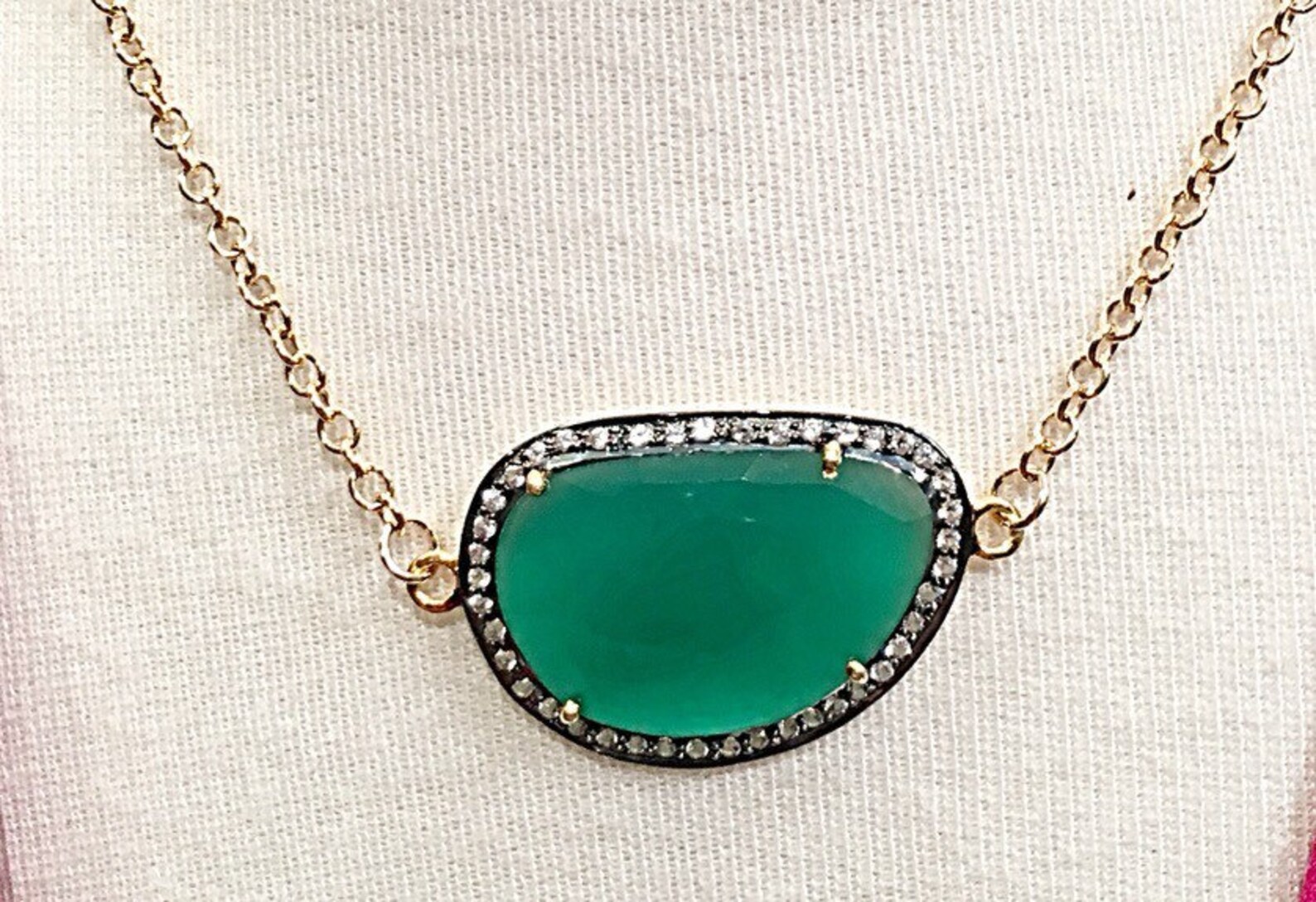 Pave Green Onyx Oval Necklace on Gold Fill Chain, Pave Set White ...