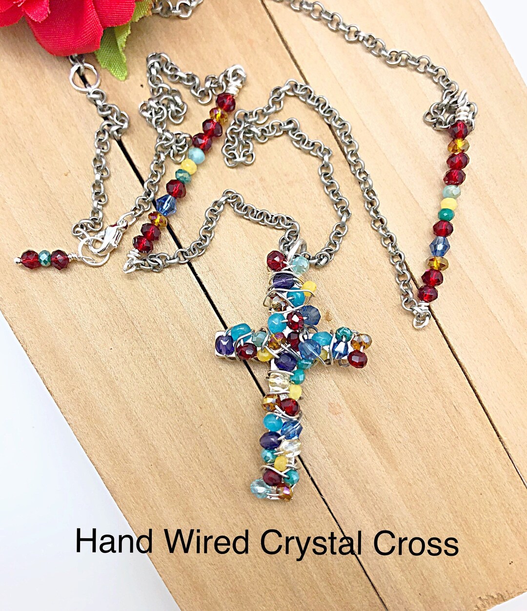 Bright Multi Colored Hand Wired Crystal Cross Long Necklace, Multi ...