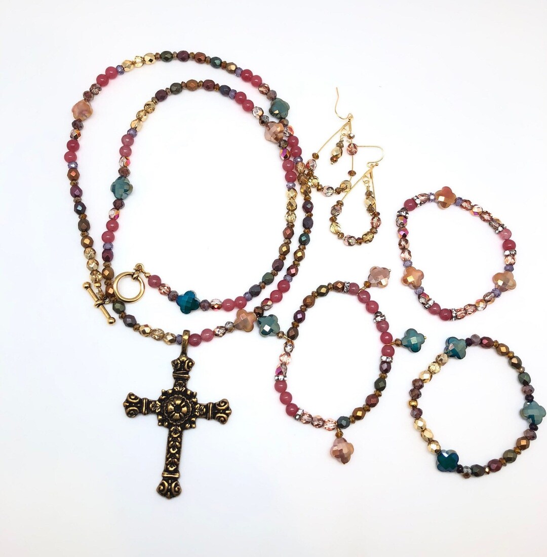 Old World Antiqued Gold Cross on Mixed Bead 31” Necklace, Large Long ...
