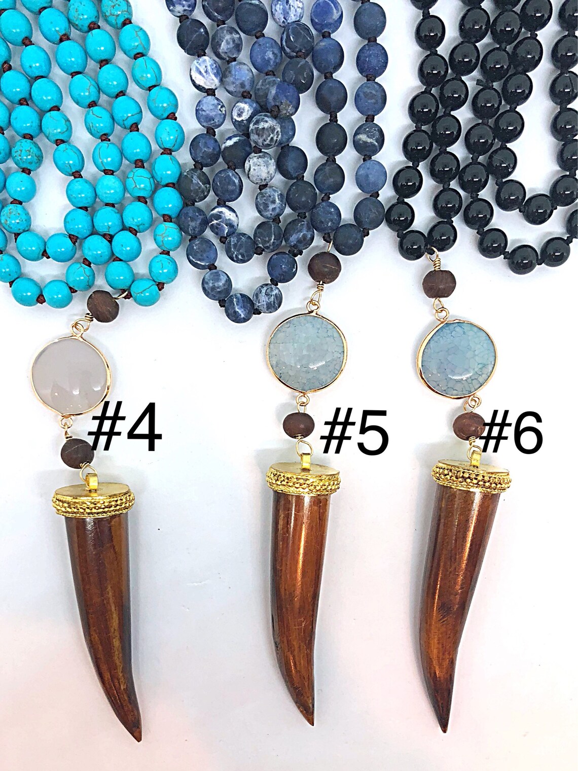 Sale Agate Discs & Brown Horn on Long Knotted Gemstone Necklaces, Sale ...