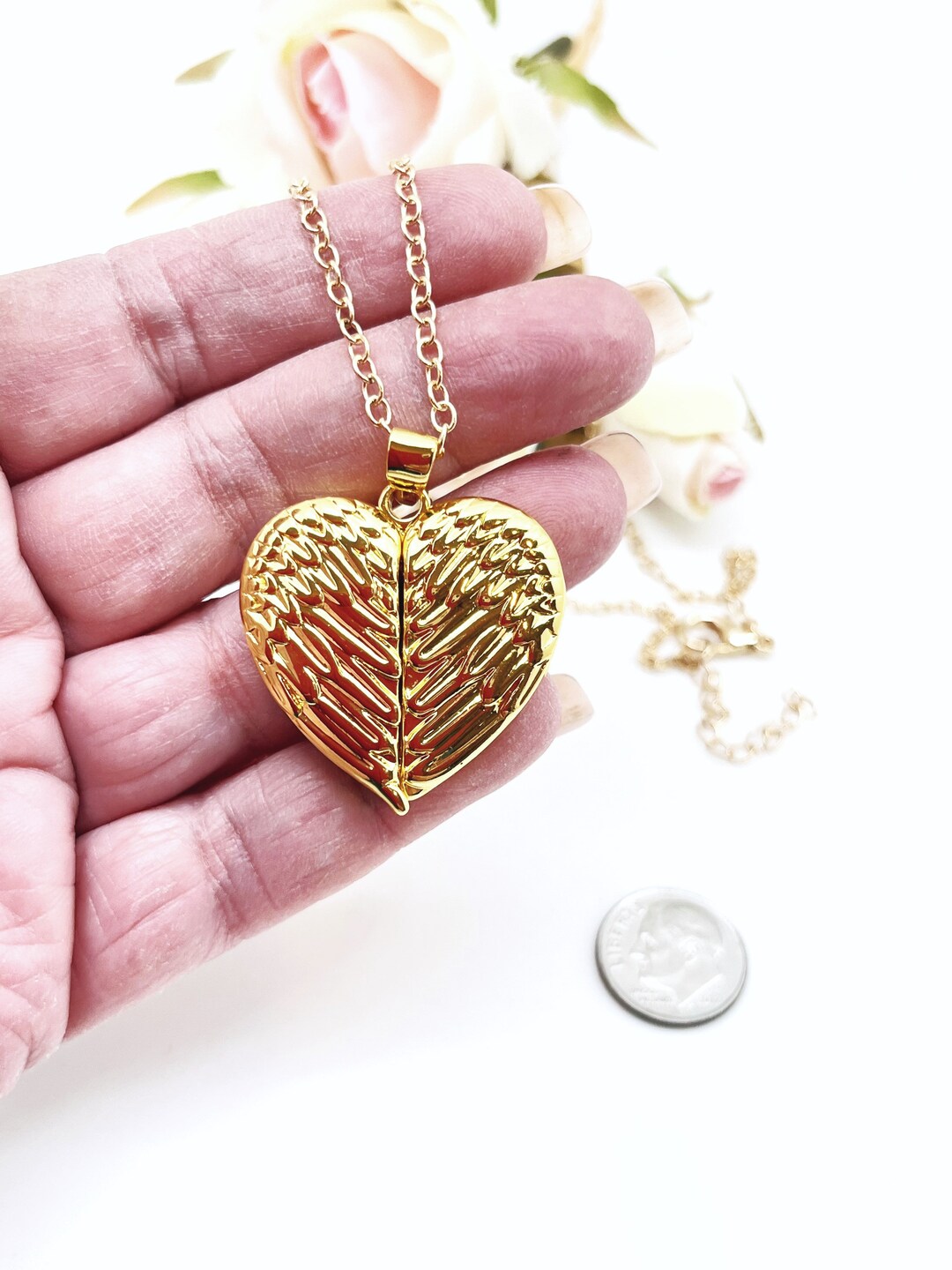Gold Angel Wings One Photo Locket Necklace, 26” Gold Angel Wings Memory ...
