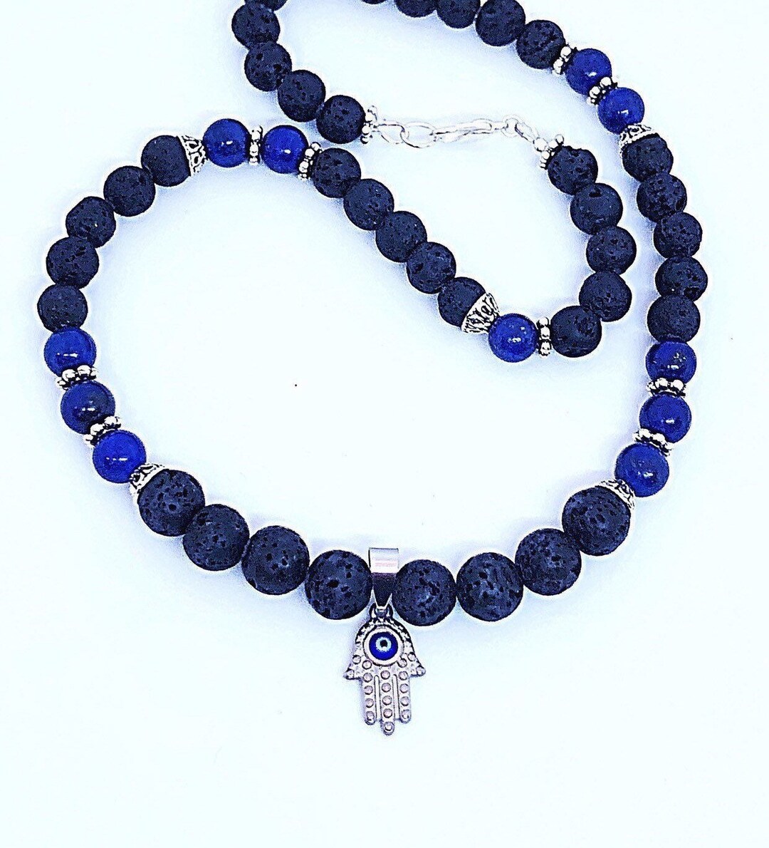 Men's Evil Eye Hamsa Lapis & Lava Rock Stainless Graduated Pendant ...