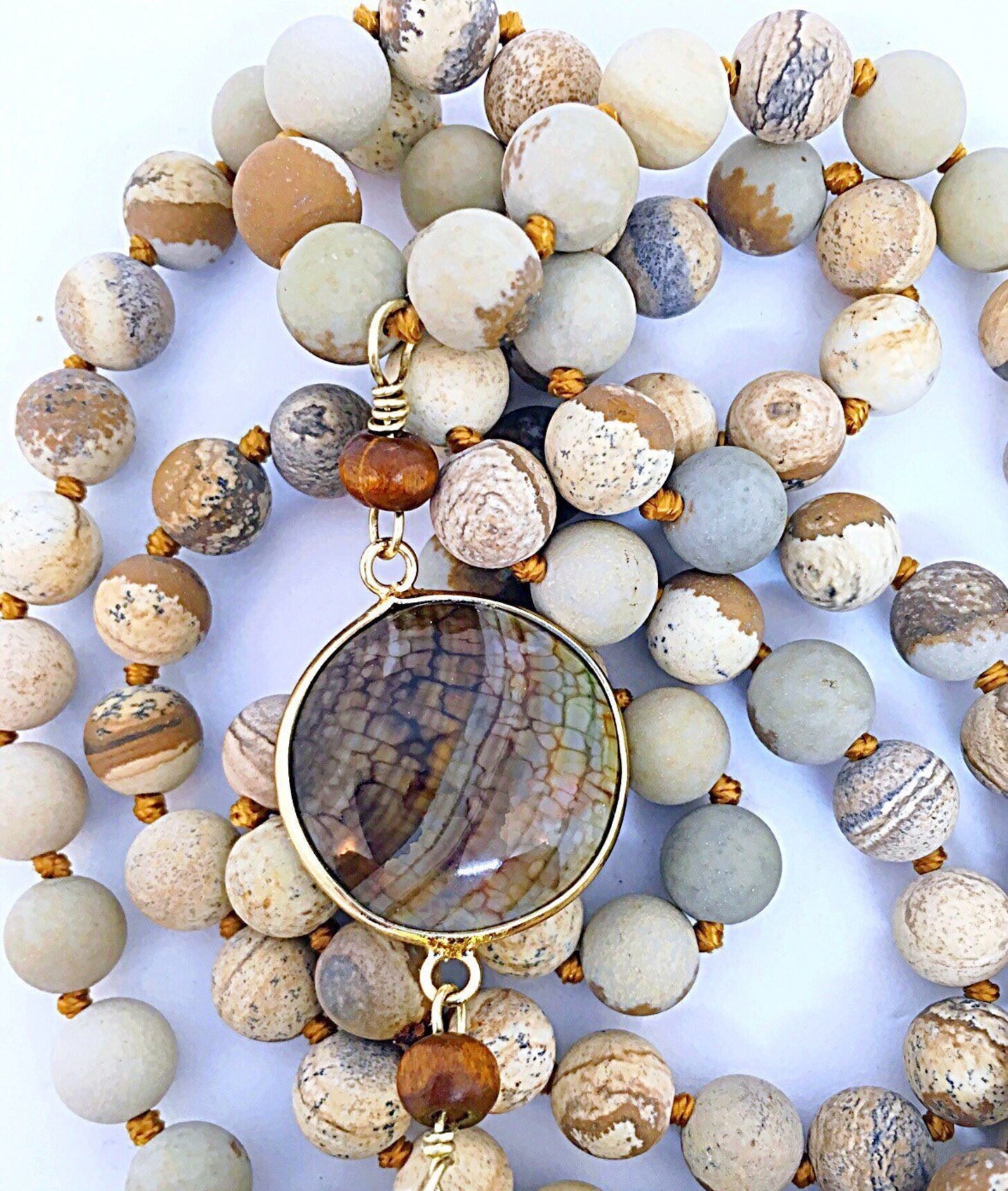 Sale Agate Discs & Brown Horn on Long Knotted Gemstone Necklaces, Sale ...
