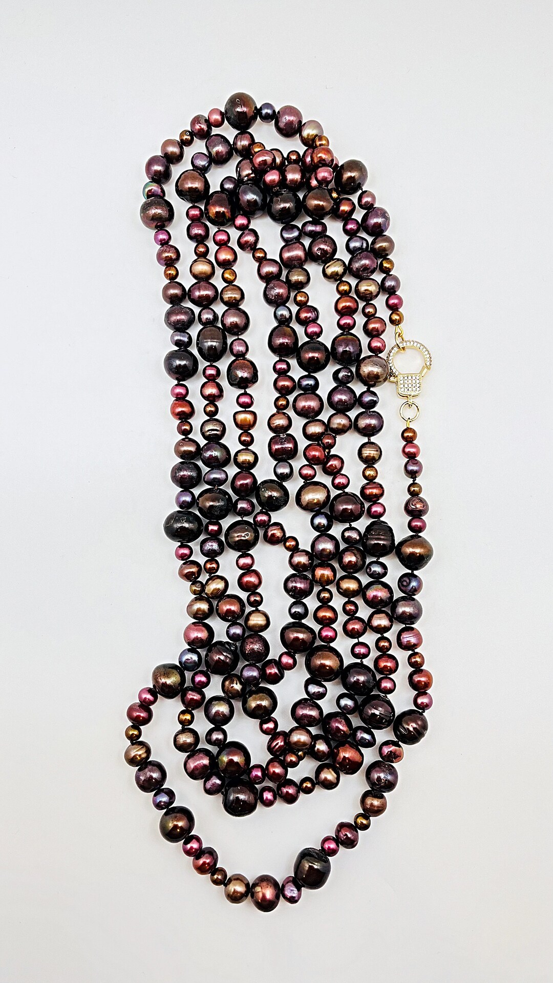 Multi Pearls Shades of Browns, Wines, Eggplant 81” Long Necklace CZ ...