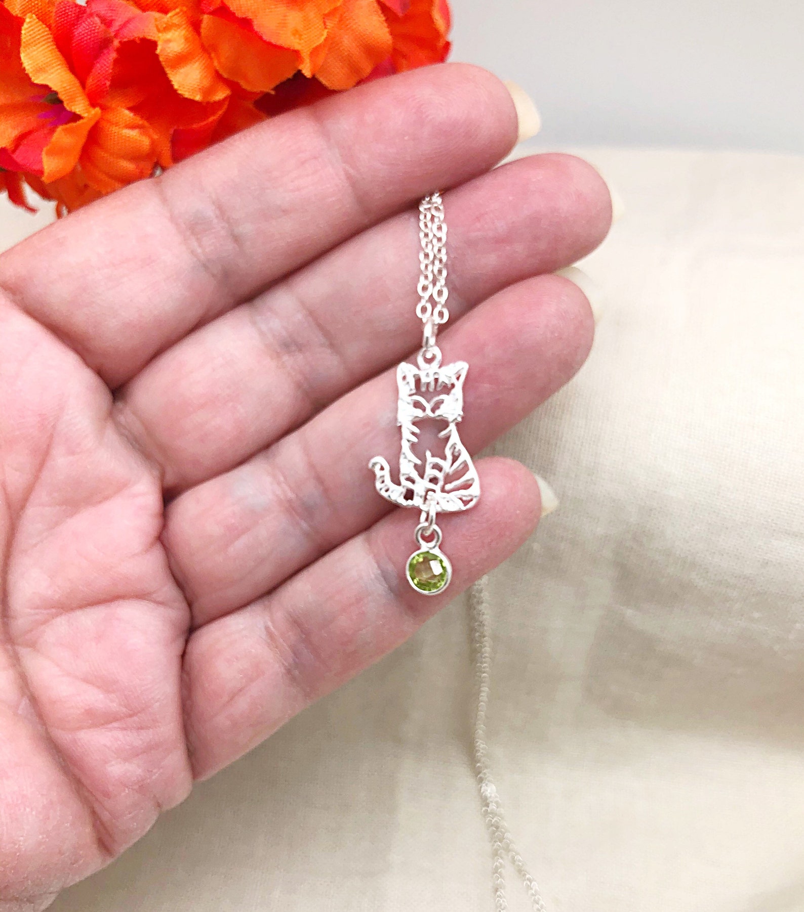 Sterling Birthstone Cat Necklace Dangling Birthstone Sterling - Etsy