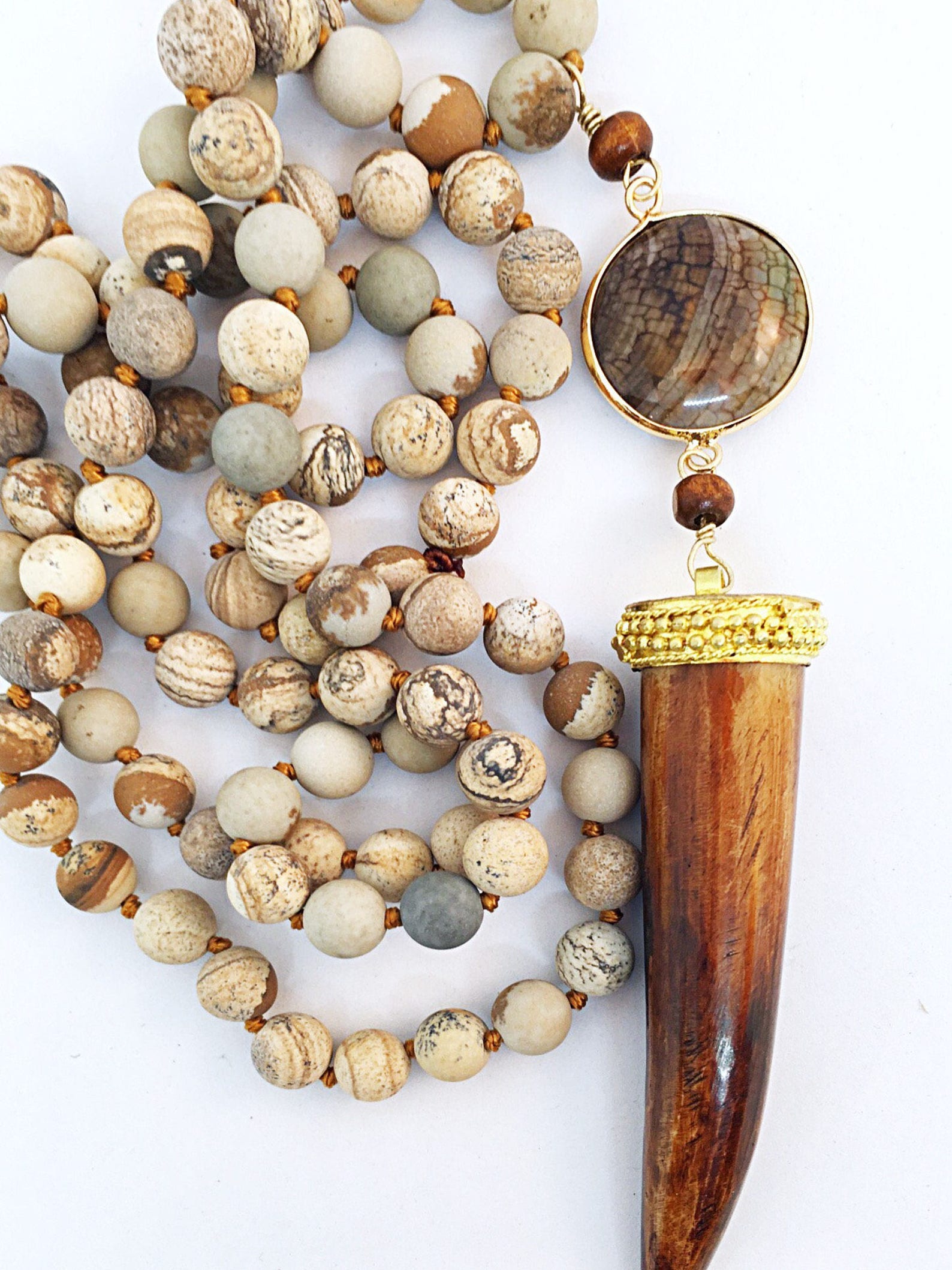 Sale Agate Discs & Brown Horn on Long Knotted Gemstone Necklaces, Sale ...