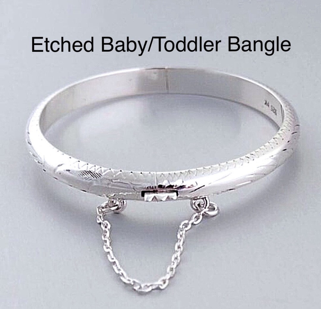 Baby or Toddler Etched Solid Sterling Bangle W/safety Chain, Sterling ...