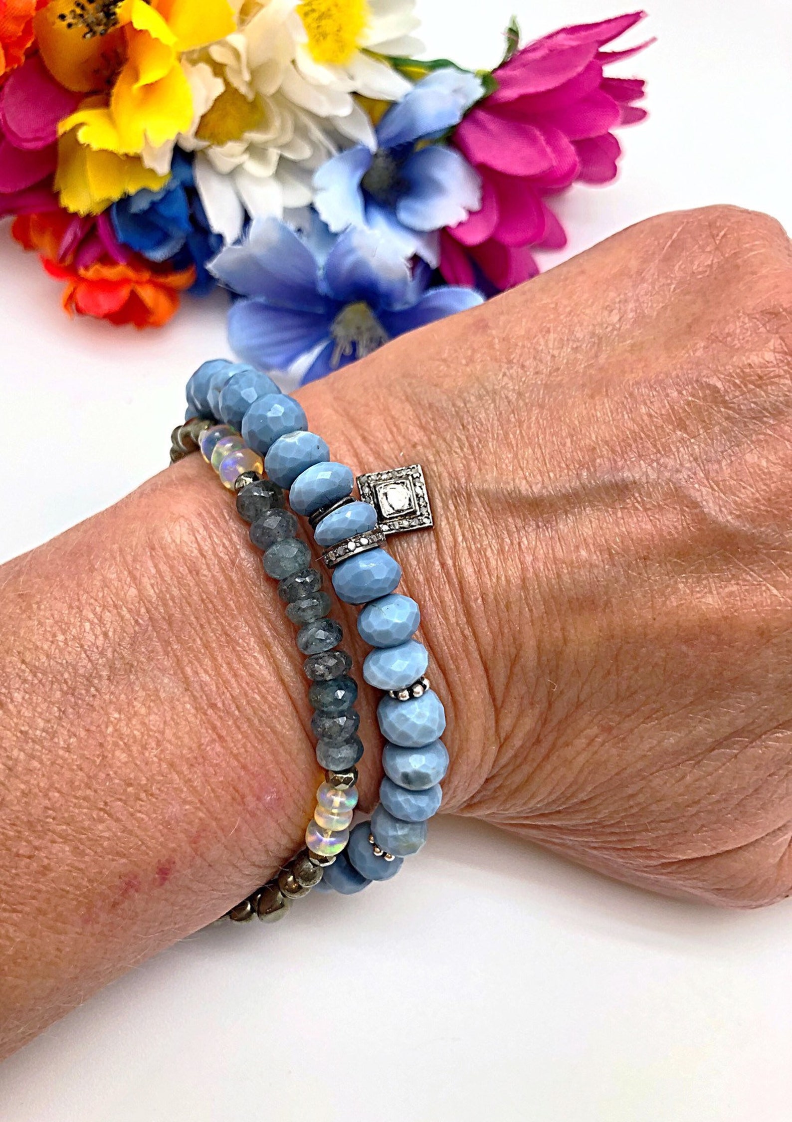 Blue Oregon Opal With Diamond Polki Charm Toggle Bracelet, Denim Blue ...