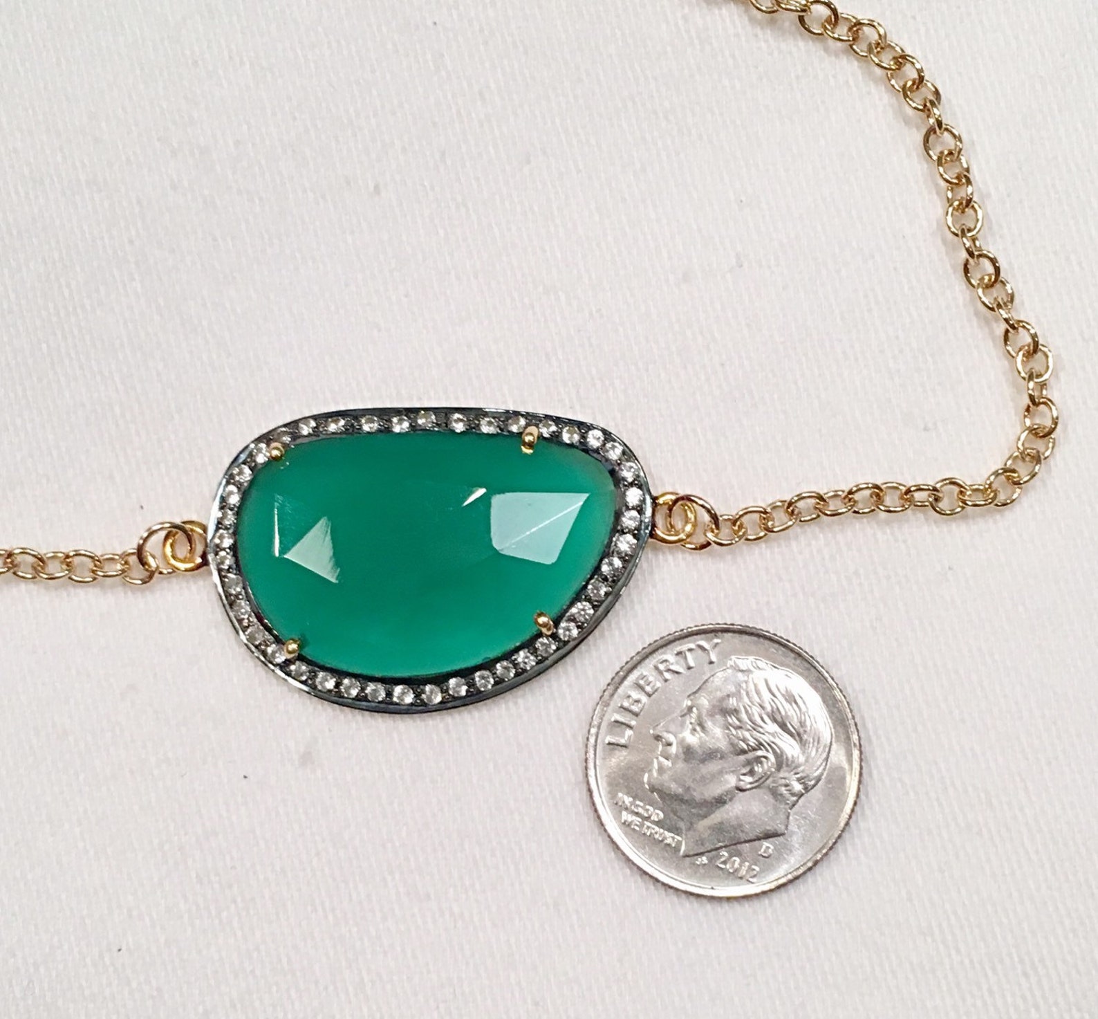 Pave Green Onyx Oval Necklace on Gold Fill Chain, Pave Set White ...