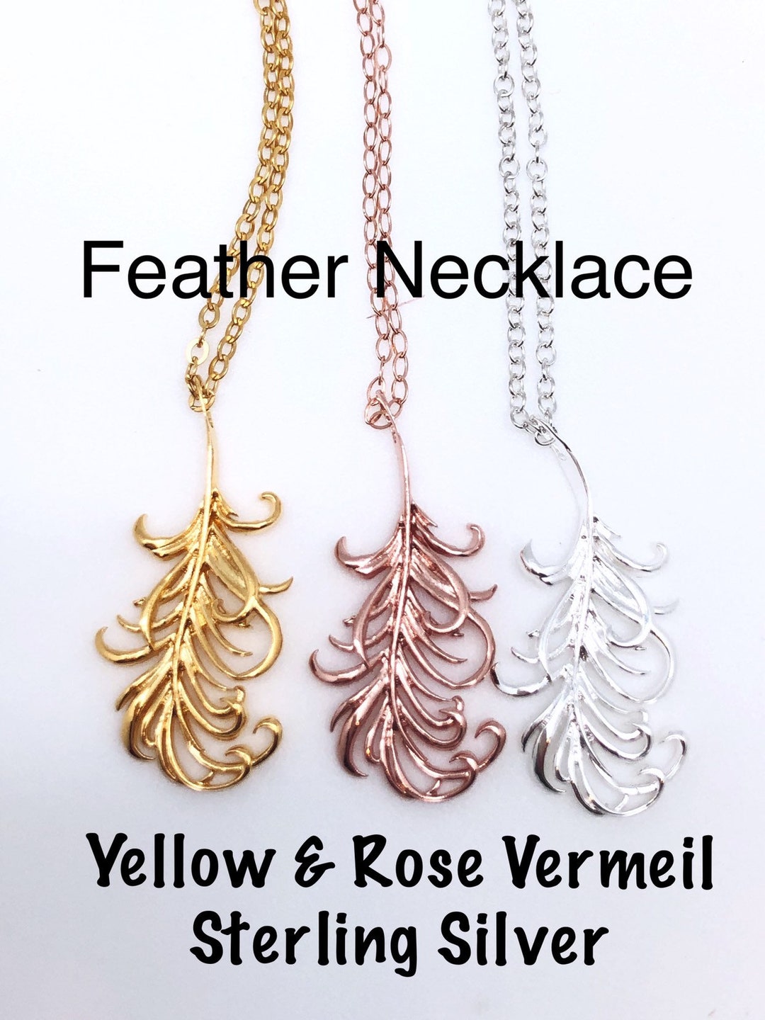 Dainty Feather Necklace in Yellow or Rose Gold Vermeil and Sterling ...