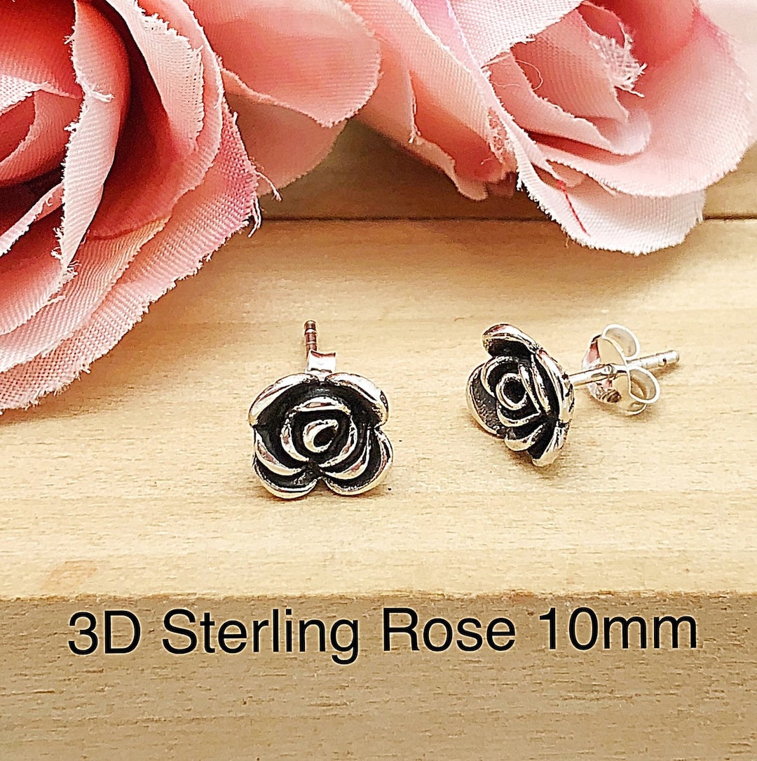 Rose Flower Stud 3D Sterling Silver Earring, Rose Flower Sterling Stud ...