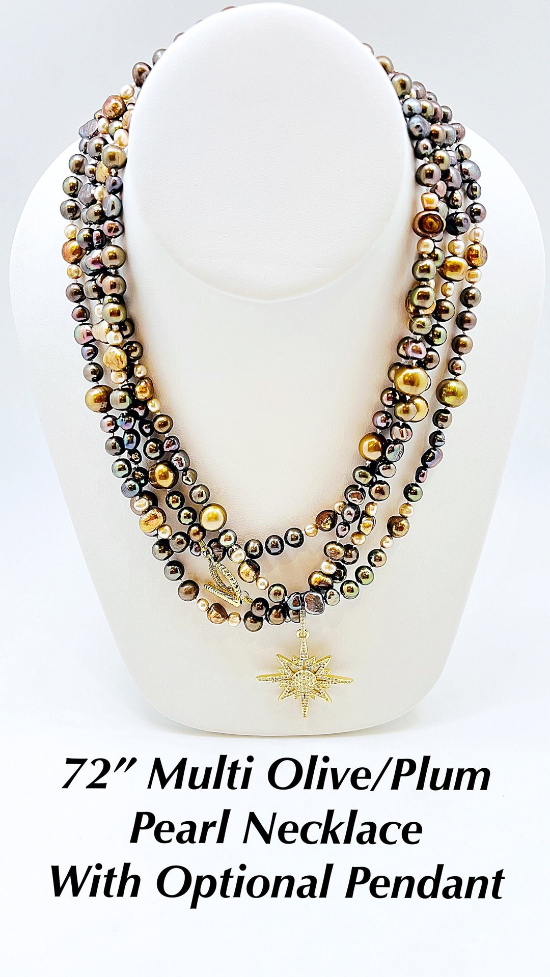 72” Multi Olive/plum Pearl Gold Filled Toggle Pearl Necklace Optional ...