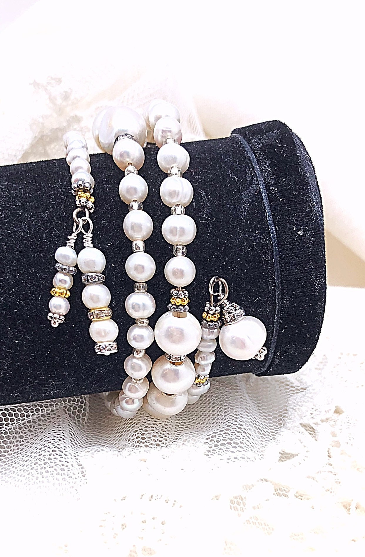3 Row Freshwater Pearl Memory Wire Bracelet Cuff, Mixed White Pearl ...
