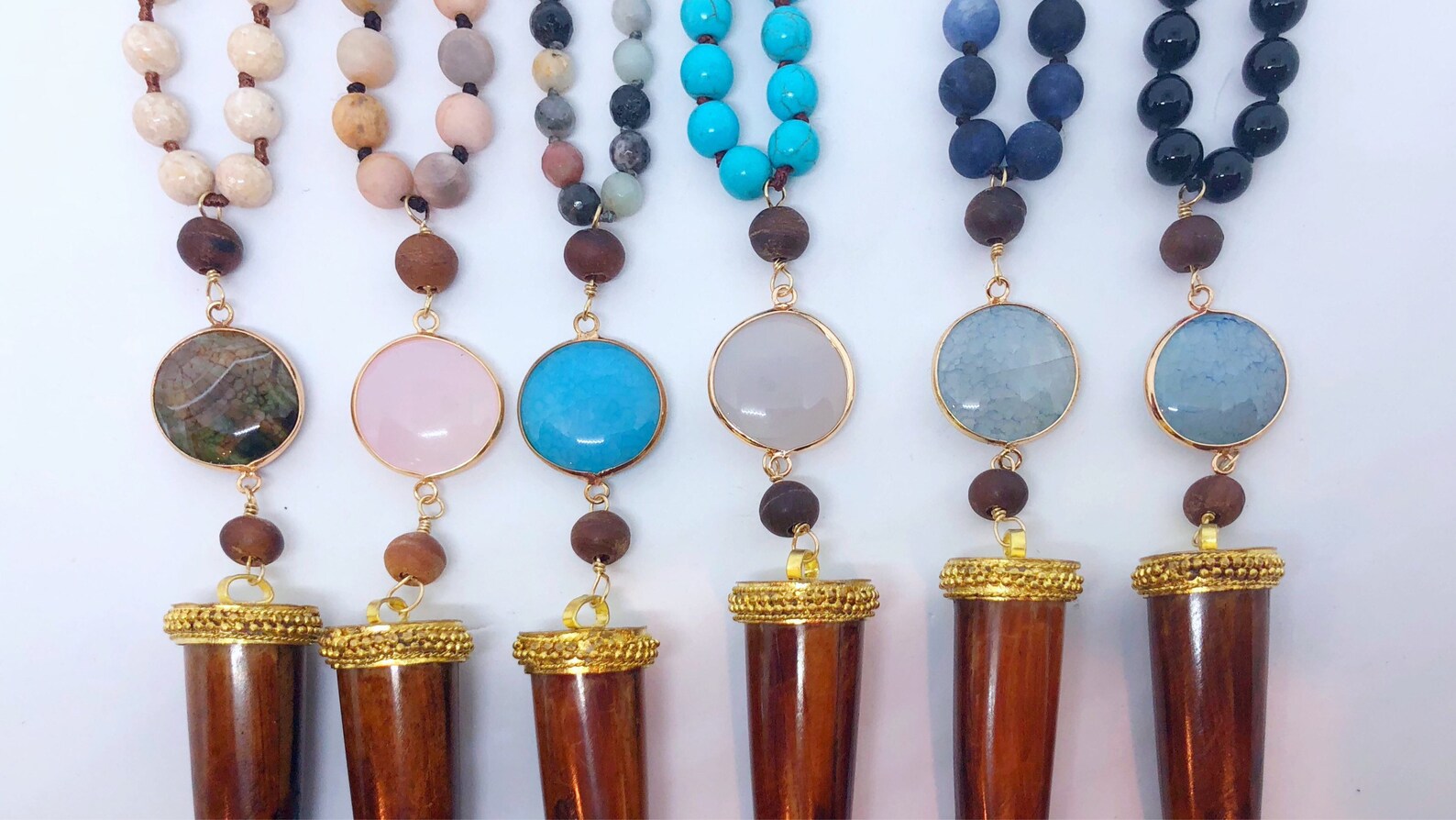 Sale Agate Discs & Brown Horn on Long Knotted Gemstone Necklaces, Sale ...