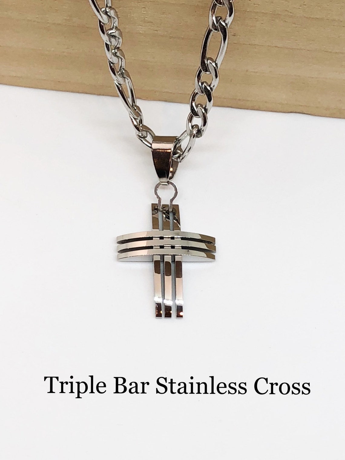 Stainless Steel Mens Triple Bar Figaro Chain Cross Necklace | Etsy