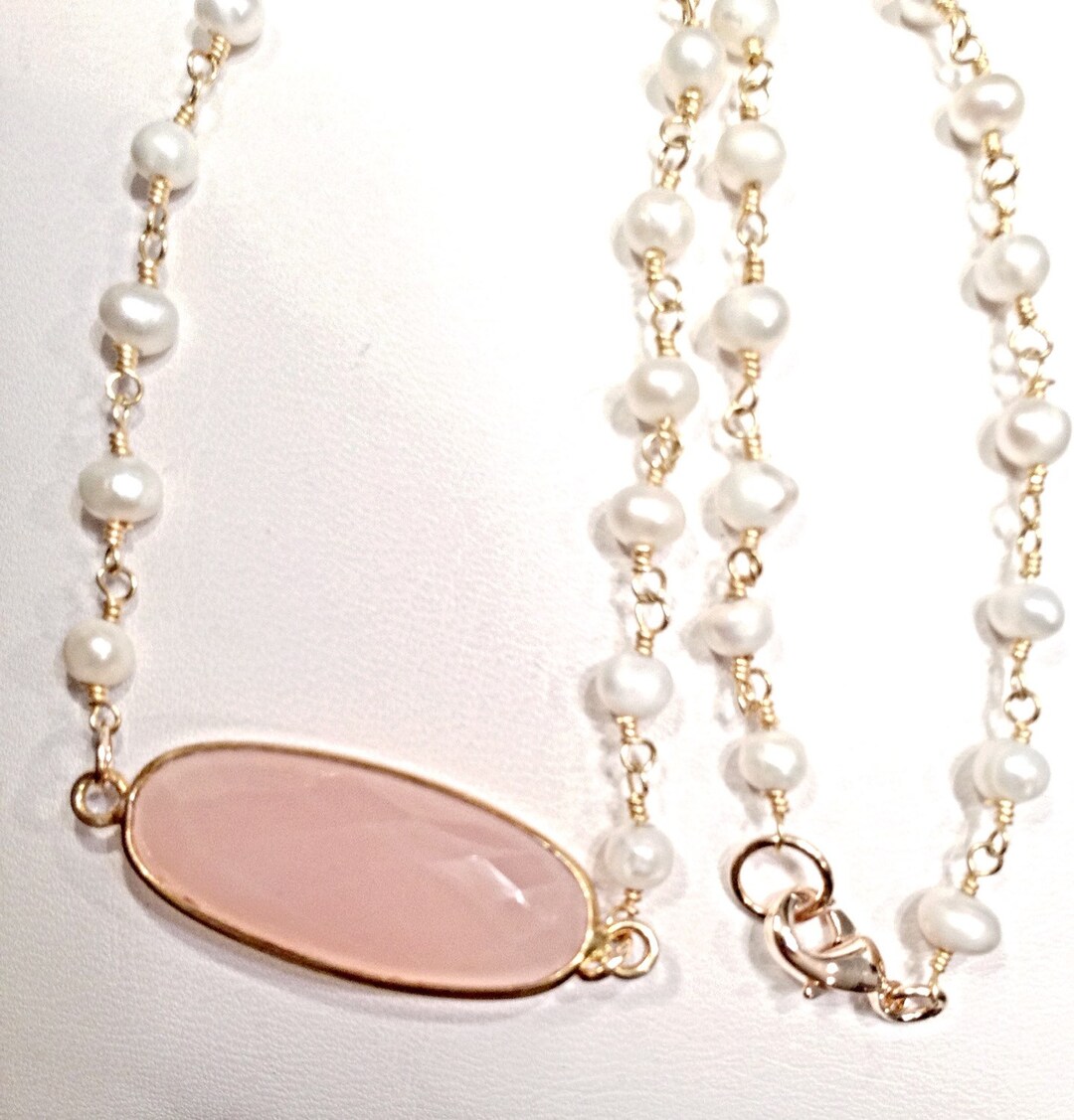 Rose Quartz Sideways Necklace on Pearl Hand Wired Chain, Pink ...