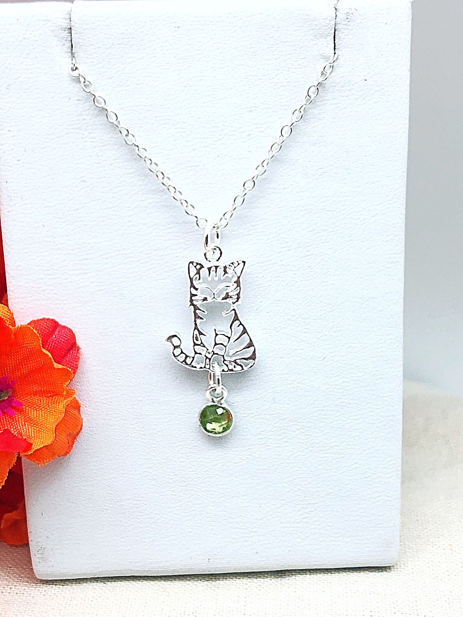 Sterling Birthstone Cat Necklace Dangling Birthstone Sterling | Etsy